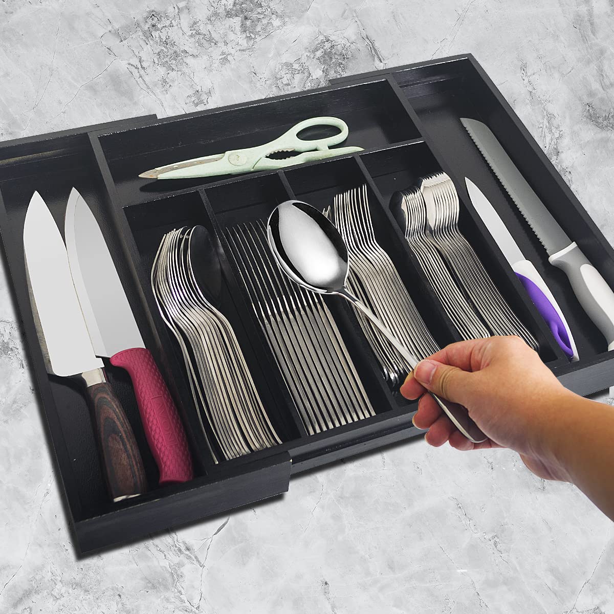 KMYC Silverware Utensil Organizer For Kitchen Drawers,Flatware Cutlery Collection Tray,Bamboo Kitchen Drawer Foldable And Expandable(Black)
