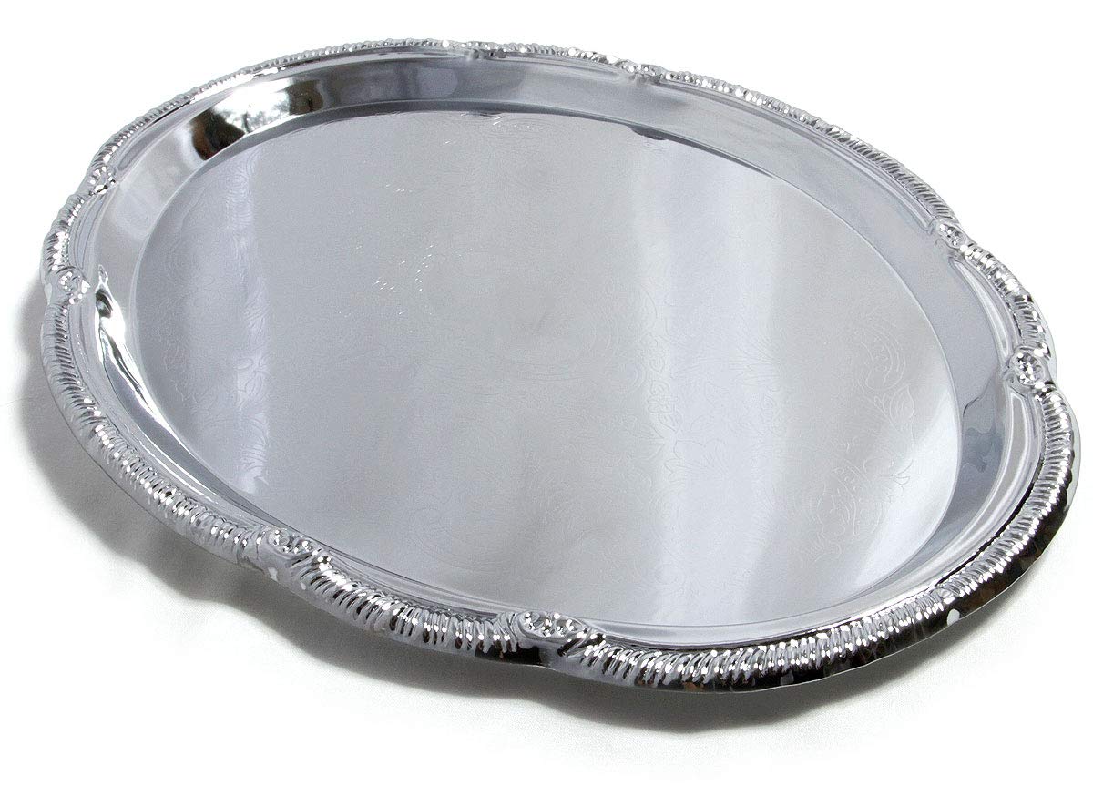 Maro Megastore (Pack of 4) 14.7" x 10.6" Oval Shape Chrome Plated Serving Tray Plate Food Art Deco Floral Pattern Engraved Multi-Purpose Holiday Party Buffet Wedding Birthday (Large) T125L-4PK