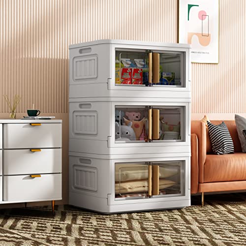 SIRIRIC Storage Bins with Lids-13 Gal Plastic Storage Bins, 4 Packs Collapsible Storage Bins with Wheels, Closet Organizers and Storage with Doors, Stackable Storage Bins for Home,Office