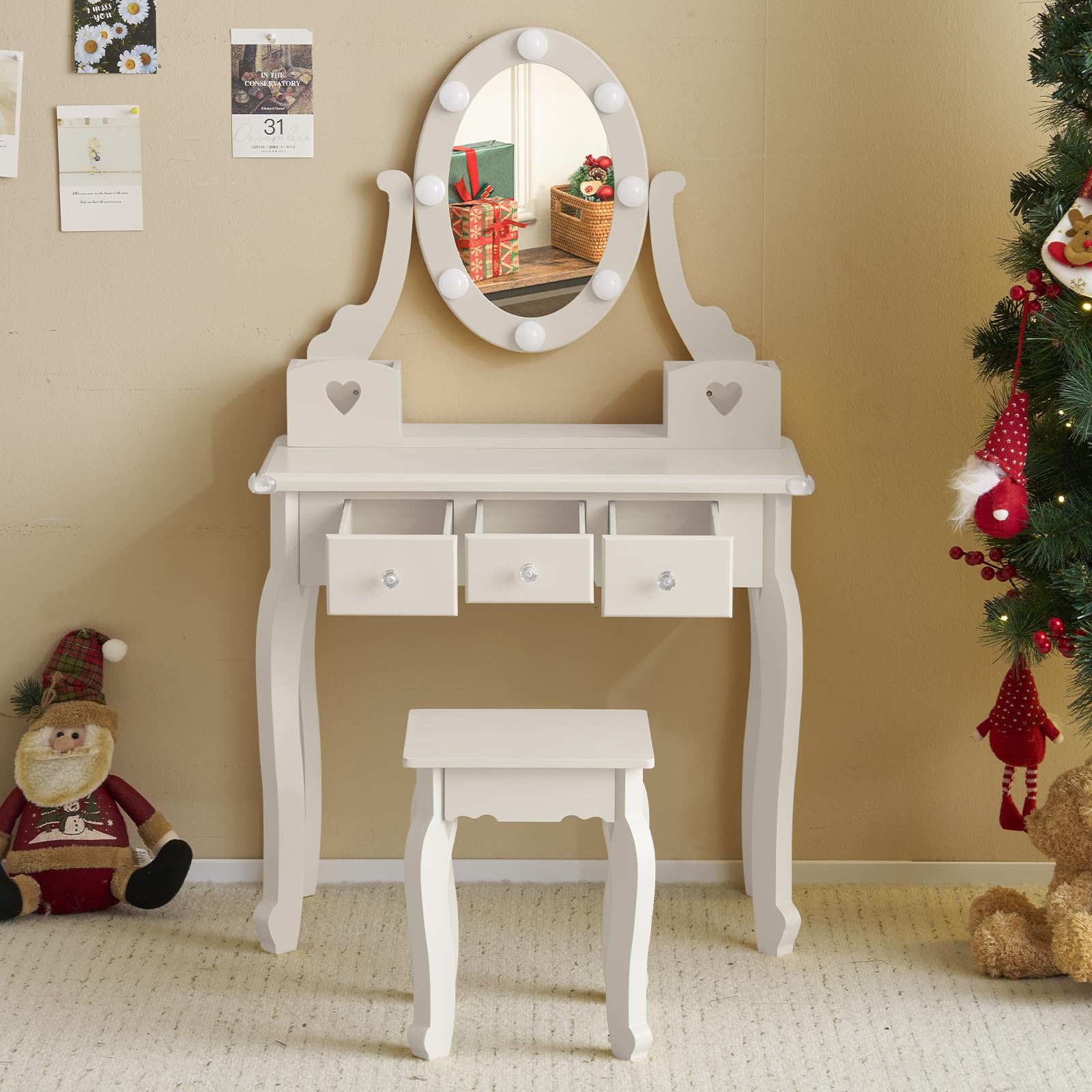 Volowoo Princess Makeup Desk and Chair Set,Vanity Set with Mirror and Stool, 5 Storage Drawers, Pretend Play Princess Makeup Desk Dressing Table and Stool Set for Little Girls, Macaroon White