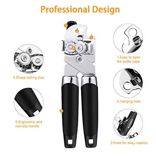KzGrit Manual Can Opener, Food-Safe Stainless Steel, Smooth Edge, Tin Lids Jar Bottle Caps Openers with Non-Slip Handle and Ergonomic Turning Knob for Elderly with Arthritis(Black)