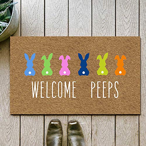 MfunDoor Doormat Funny Front Door Mat- Welcome Peeps Bunny Doormat Spring Doormat Easter Rabbits Door Mat Rubber Non Slip Backing Funny Doormat for Outdoor/Indoor Uses 23.6 inch(W) X 15.7 inch(L)