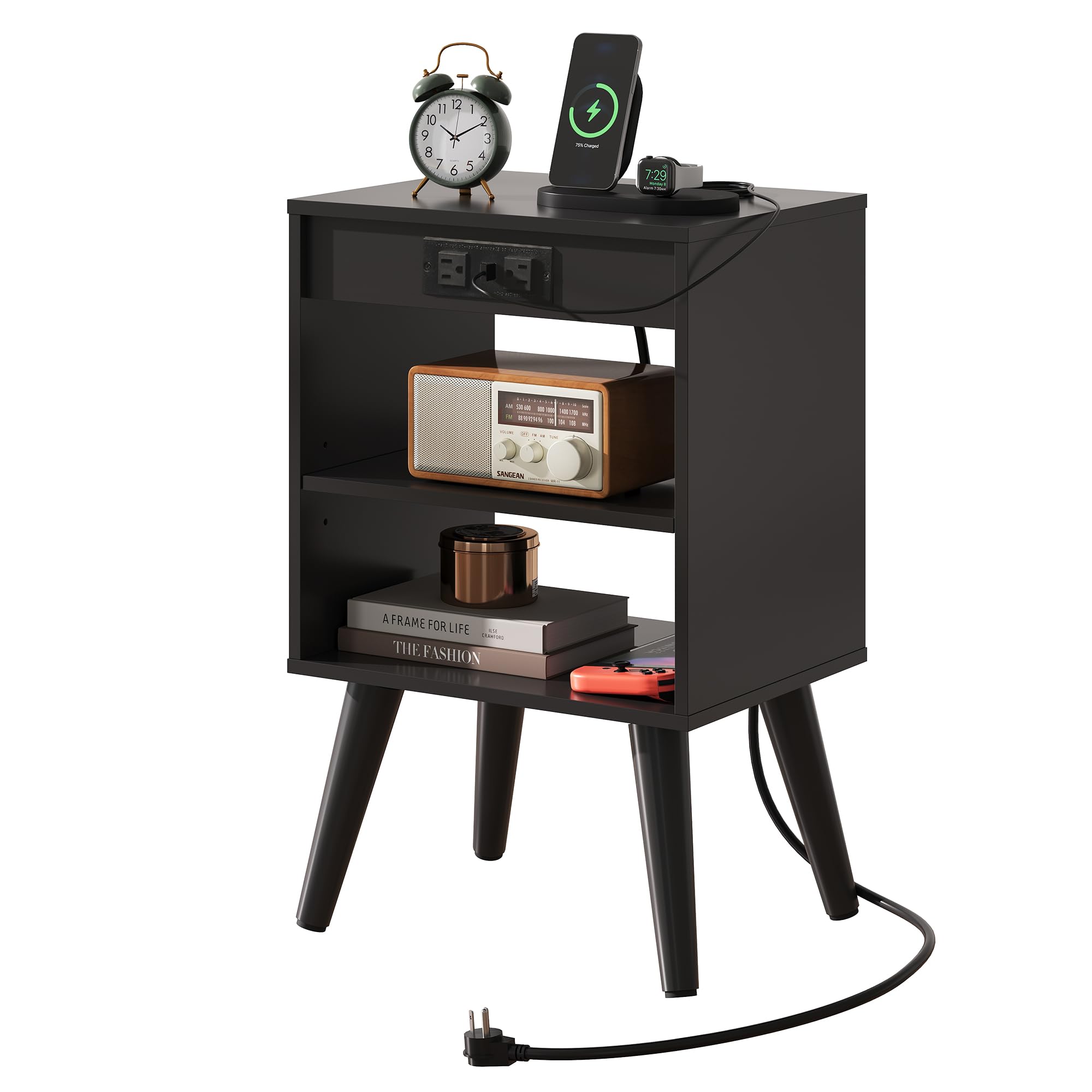 WLIVE White Nightstand, Bedside Table, Night Stand with Charger Station, Side Table with Storage Shelf, End Table with USB Ports and Outlets for Bedroom, 15.12" D x 11.73" W x 23.74" H