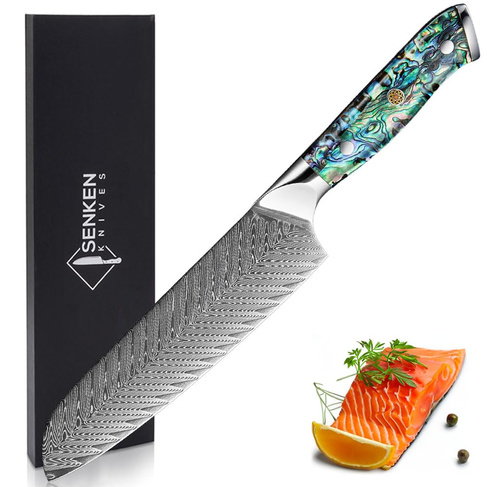 SENKEN Damascus Steel 7" Japanese Santoku Knife with Real Deep-Sea Abalone Shell Handle - Umi Collection - 67-Layer Japanese VG10 Forged Steel Blade, Integrated Full-Tang Molding (7" Santoku Knife)