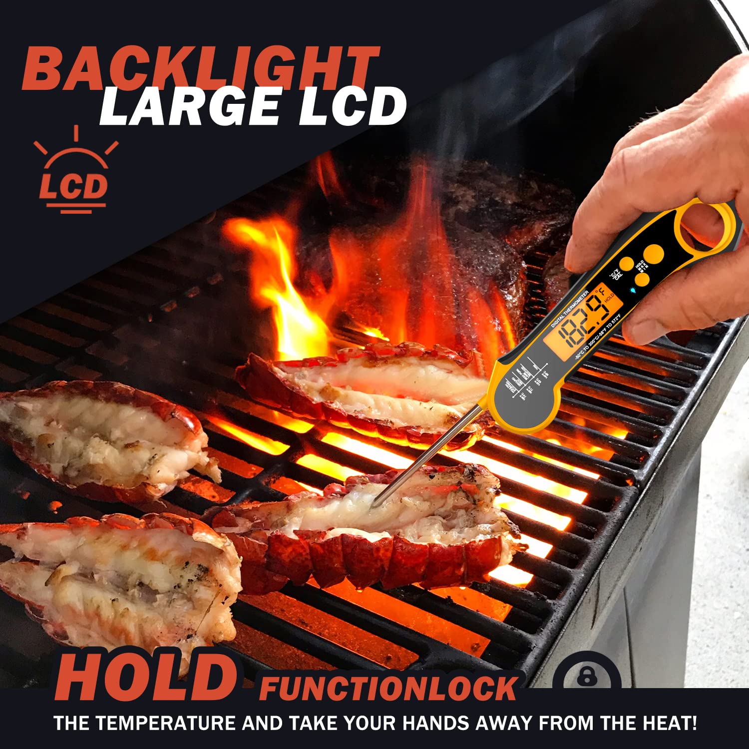 Meat Thermometer Digital, Biison Instant Read Meat Thermometer for Grilling and Cooking, Waterproof, Backlight, Ultra-Fast Accurate Food Thermometer for BBQ Grill, Liquids, Beef, Turkey, Candy(Orange)