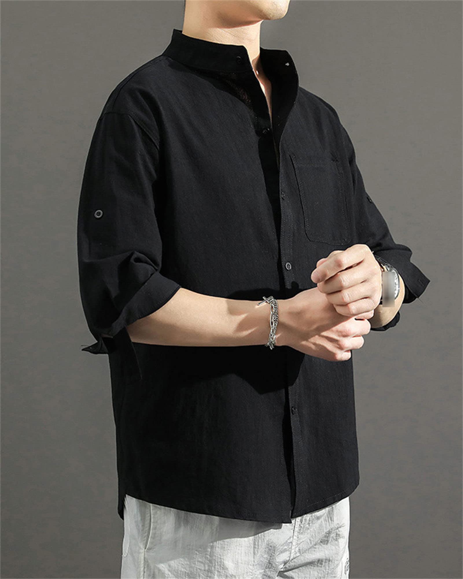 Men's Cotton Linen Shirt Solid Plain Roll-Up Sleeve Summer Beach Shirts Casual Button Down Yoga Shirt Tops (Black,Large)