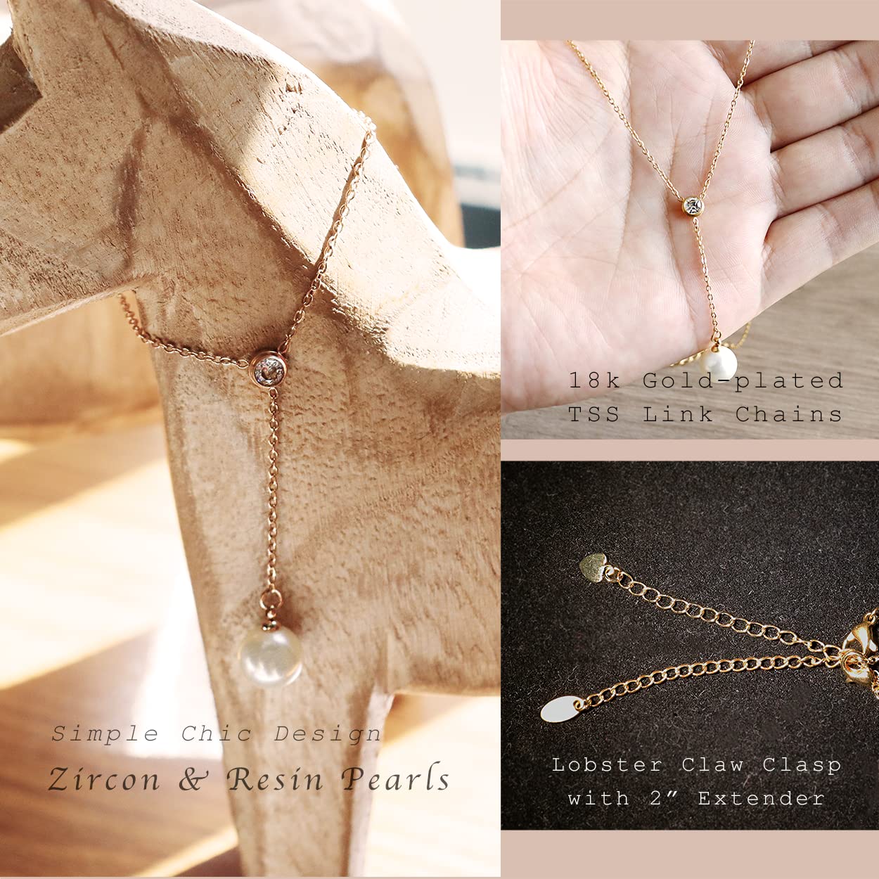 Jean Beau 2PCS Gold Pearl Drop Cubic Zirconia Y Necklace for Women and Tiny Dainty Pearls Station Strand Gold Layering Statement Choker