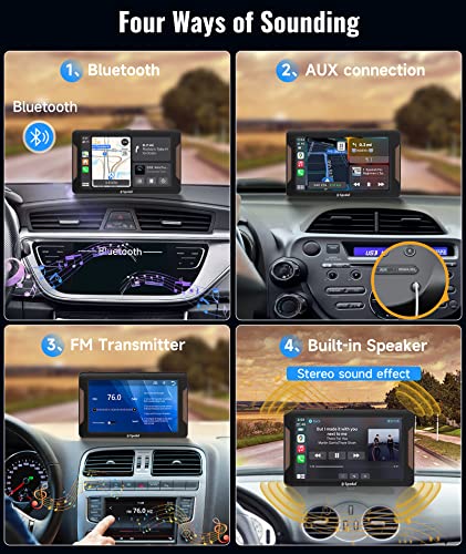 Spedal 7 Inch Wireless Apple CarPlay and Android Auto, Portable Car Stereo with Mirror Link, Multimedia Player, Bluetooth, AUX/FM, Google and Siri Assistant, Dash or Windshield Mounted