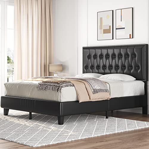 Yaheetech Full Bed Frame Faux Leather Upholstered Platform Bed with Height-Adjustable Headboard, Button Tufting & Nailhead Trim/Noise-Free/Wood Slats Support/No Box Spring Needed, Black Full Bed