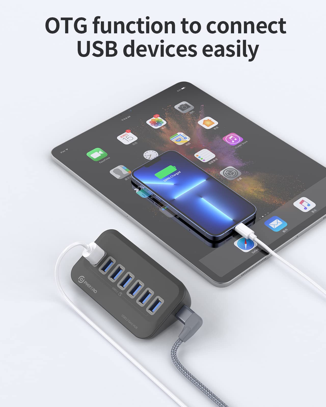 PHIXERO 4 Ports USB 3.0 Hub, 5Gbps USB Port Hub with a 2-in-1 USB C to USB A/C Cable (10Gbps), Portable USB Splitter, USB Hub for Laptop, PC, iMac, MacBook, Playstation, Xbox