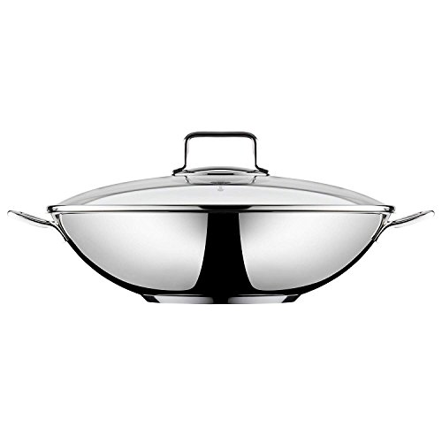 WMF Macao Induction Wok Set, 2 Pieces, Wok Pan 36 cm with Glass Lid, Polished Cromargan Stainless Steel, Uncoated