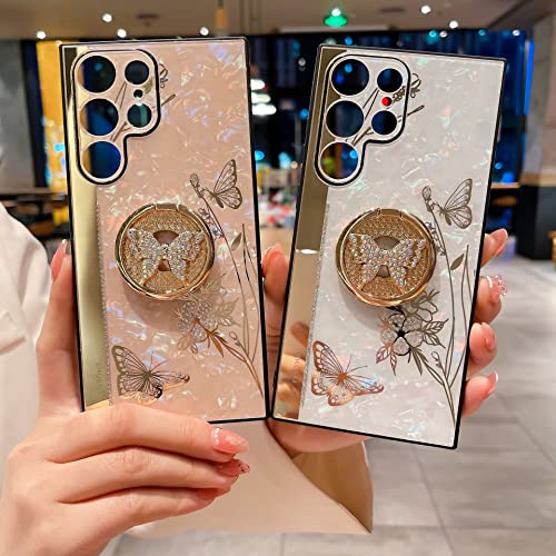 Topwin Galaxy S22 Ultra Kickstand Case, Cute Marble Conch Shell Floral Butterfly with Ring Stand Elegant Shockproof Protective Cover for Girls Women for Samsung Galaxy S22 Ultra (Rose Gold)