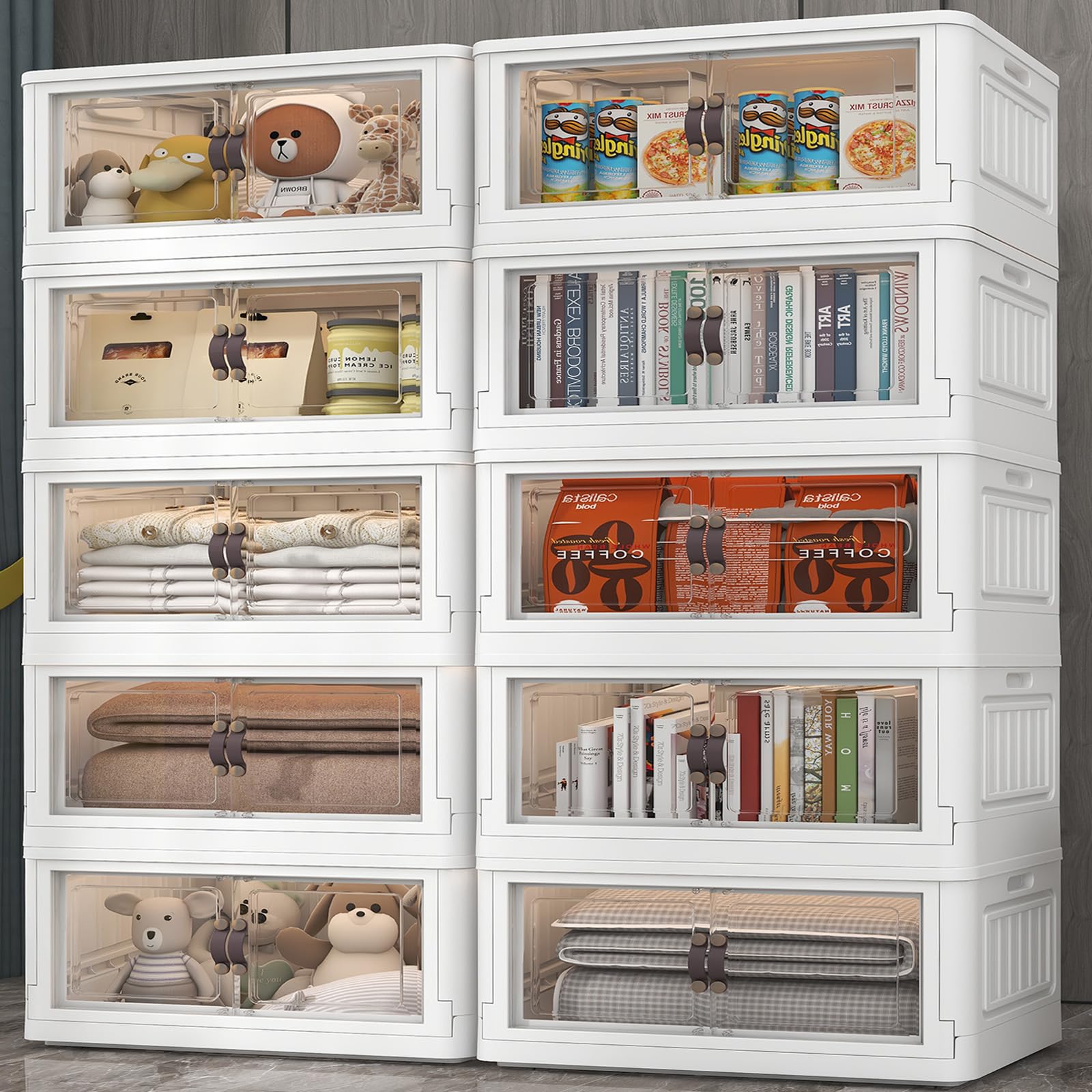 Storage Bins with Lids, 23 Gal White Closet Organizers and Storage, 5 Packs Collapsible Storage Bins with Wheels, Plastic Storage Bins, Double Door Stackable Storage Bins for Home and Office