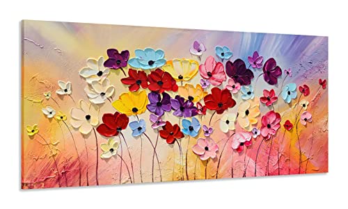 SYGALLERIER Colorful Floral Canvas Wall Art Hand Painted 3D Flower Artwork Frameds Modern Abstract Landscape Painting Textured Flower Pictures for Living Room Bedroom Bathroom Decor