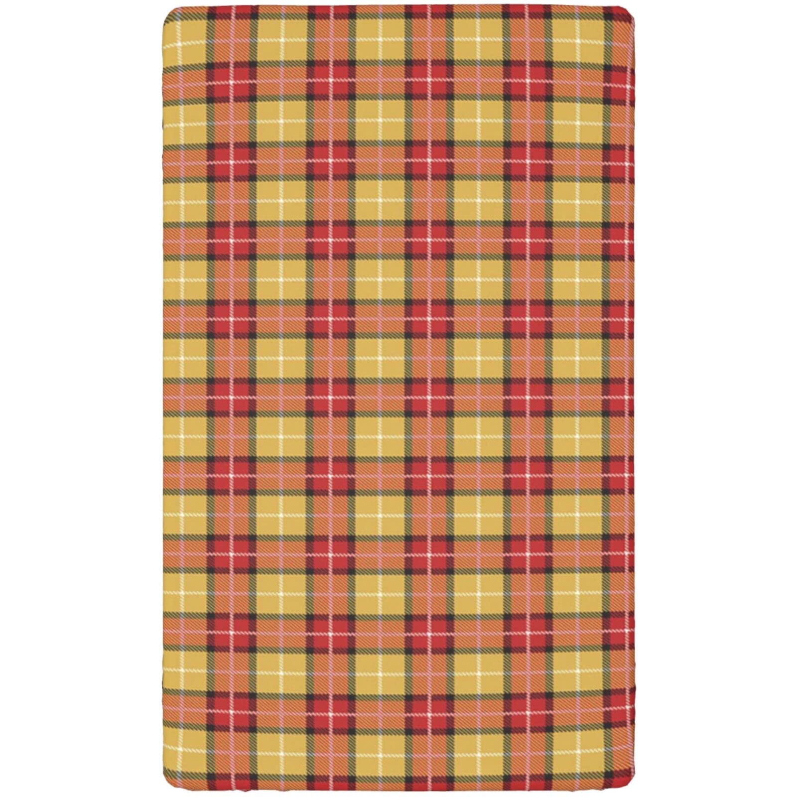 Plaid Themed Fitted Mini Crib Sheets,Portable Mini Crib Sheets Toddler Bed Mattress Sheets-Crib Mattress Sheet or Toddler Bed Sheet,24“ x38“,Salmon Earth Yellow