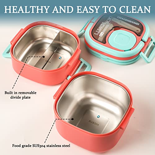 Stackable Lunch Container for Adults with 45oz Large Capacity Stainless Steel bento box Adult lunch box, Leak-Proof Durable All-in-One Bento Box Built In Divider, Spoon, Dressing Container (Pink)