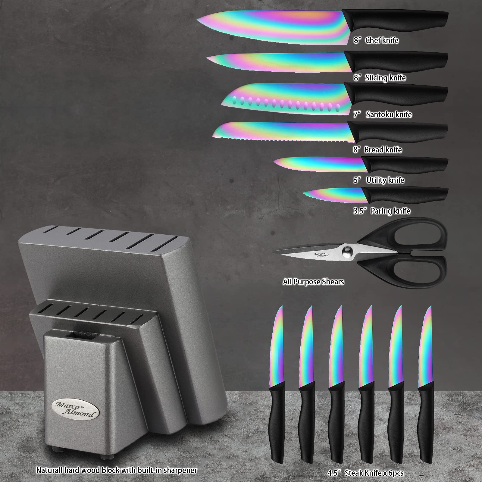 KYA25 Rainbow Color Knife Block Set + KYA52B 7 PCS Stainless Steel Cooking Utensils Sets with Titanium Plated + KYA59 Titanium Coated Stainless Steel Long Handle Spoons