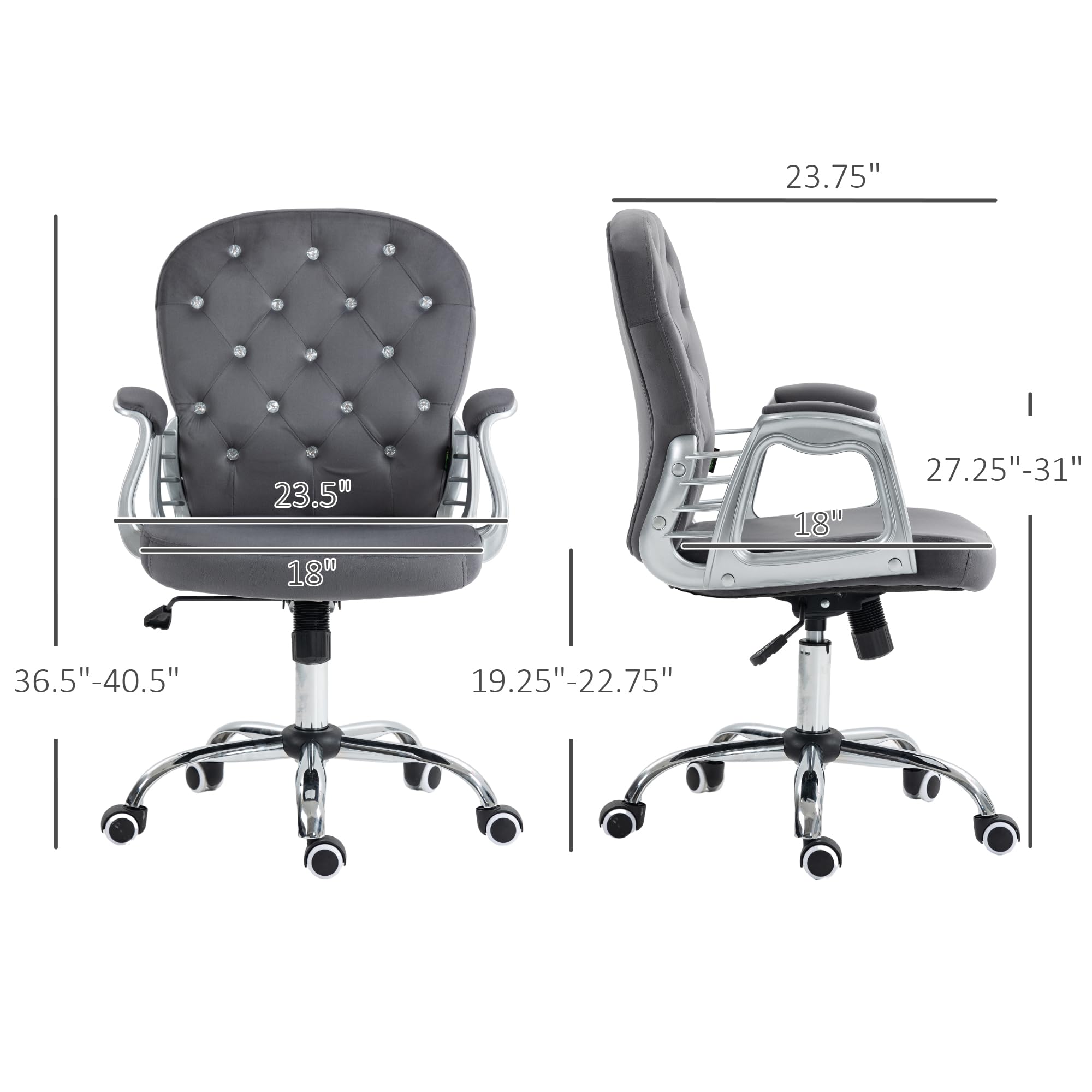 Vinsetto Velvet Home Office Chair, Button Tufted Desk Chair with Padded Armrests, Adjustable Height and Swivel Wheels, Dark Gray