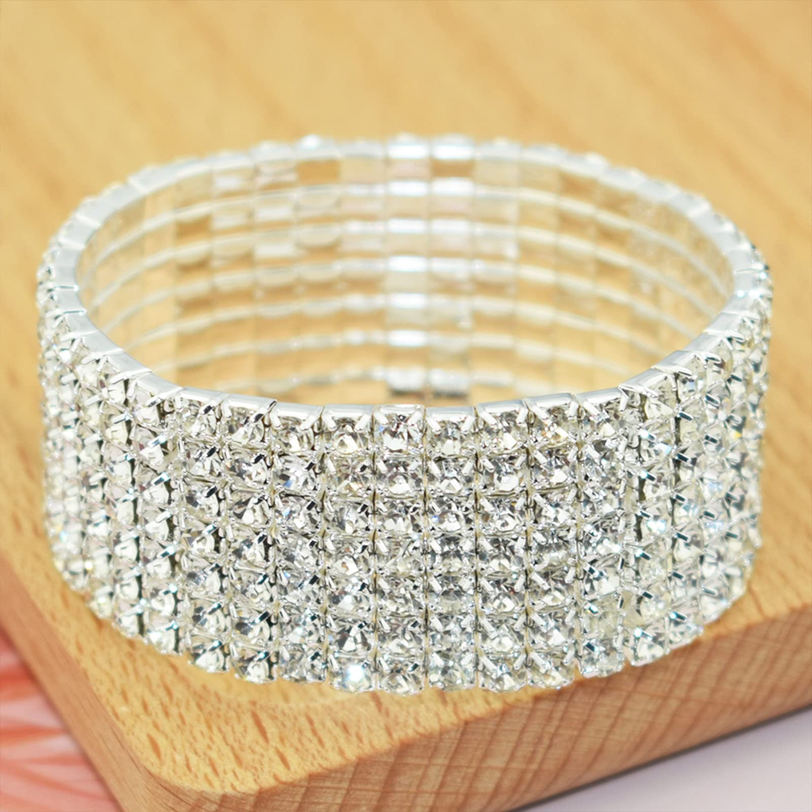 HLIN Rhinestone Bracelet for Women 2Pcs Strand Stretch Silver-tone AB Sparkling Bridal Tennis Bangle