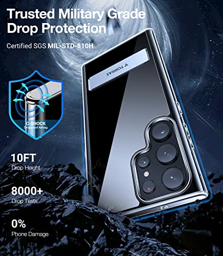 TORRAS for Samsung Galaxy S23 Ultra Case Clear with Kickstand Never Yellowing, [3-Way Built-in Kickstand] [10FT MIL-Grade Shockproof] Slim Clear Case for Samsung S23 Phone Ultra Case, Diamond Clear