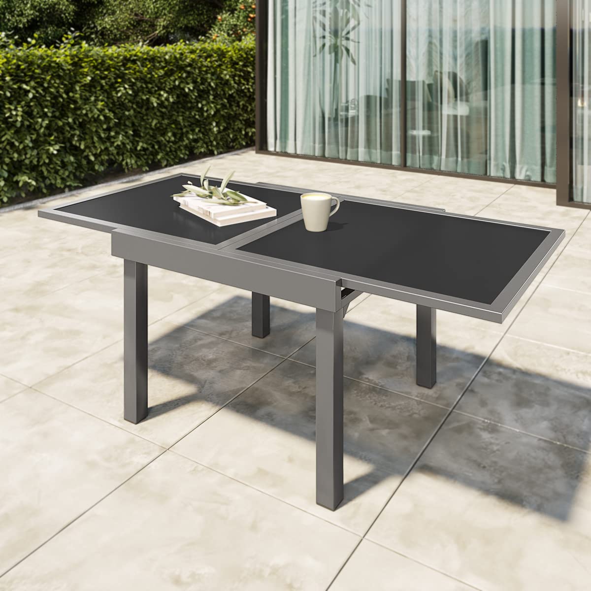 VredHom Patio Aluminum Top Dining Table,53"- 106" Outdoor Extendable Dining Table Backyard Bistro Rectangle Table Outdoor Furniture Garden Adjustable Table (Black)