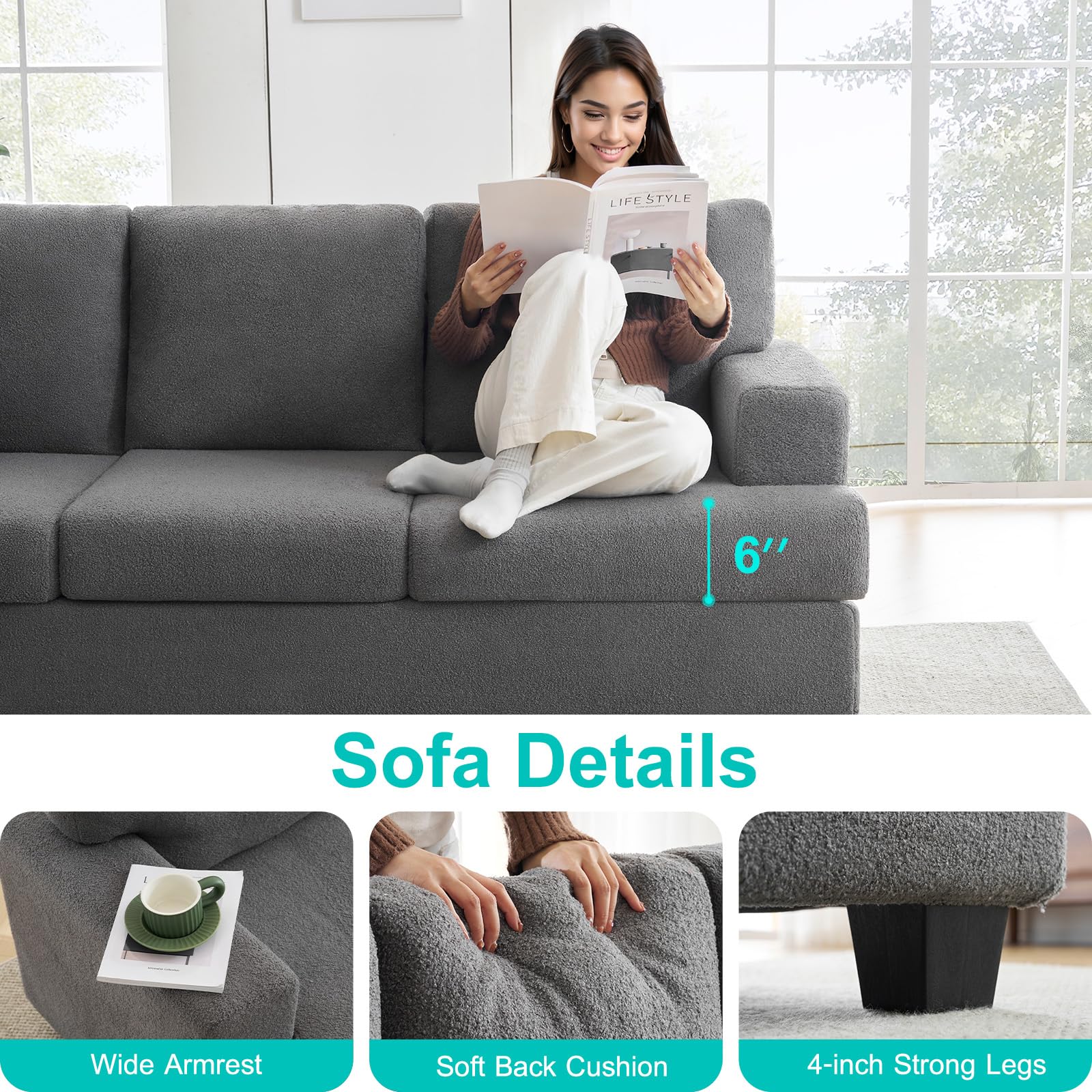 SENYUN 3-Seater Sofa Couch,Comfy Couch with Upholstered Cushions & Square Armrest,Modern Sofa with Deep Seats, Bouclé Home Sofa Couches for Living Room,Apartment,Bedroom,Office(Grey)