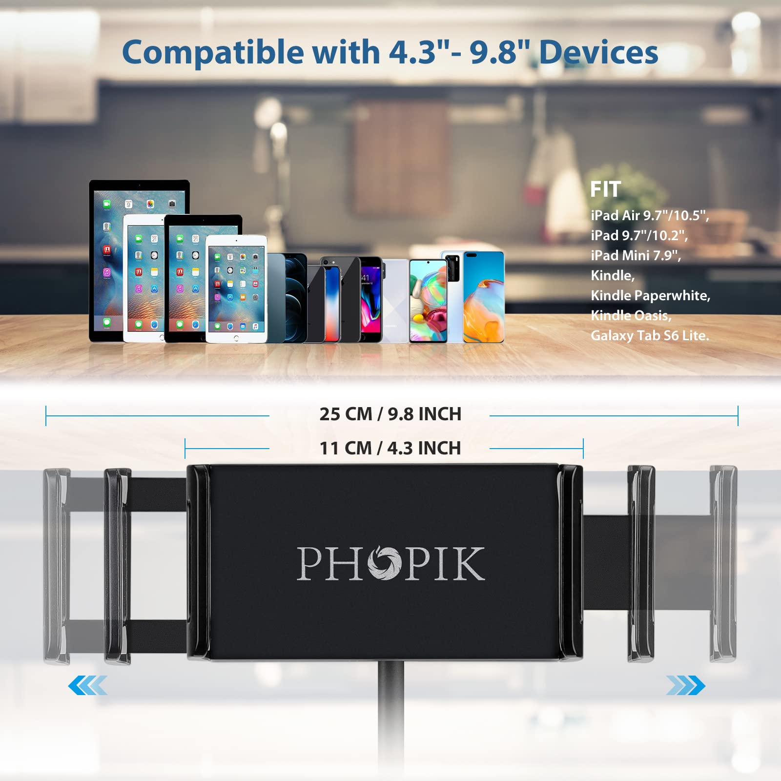 PHOPIK Tablet Floor Tripod Stand - 69.5" Adjustable Height Flexible Gooseneck Ipad Tripod Stand - Compatible with iPad Mini, All Cell Phones iPhone & Tablets (4.3''-9.8'')