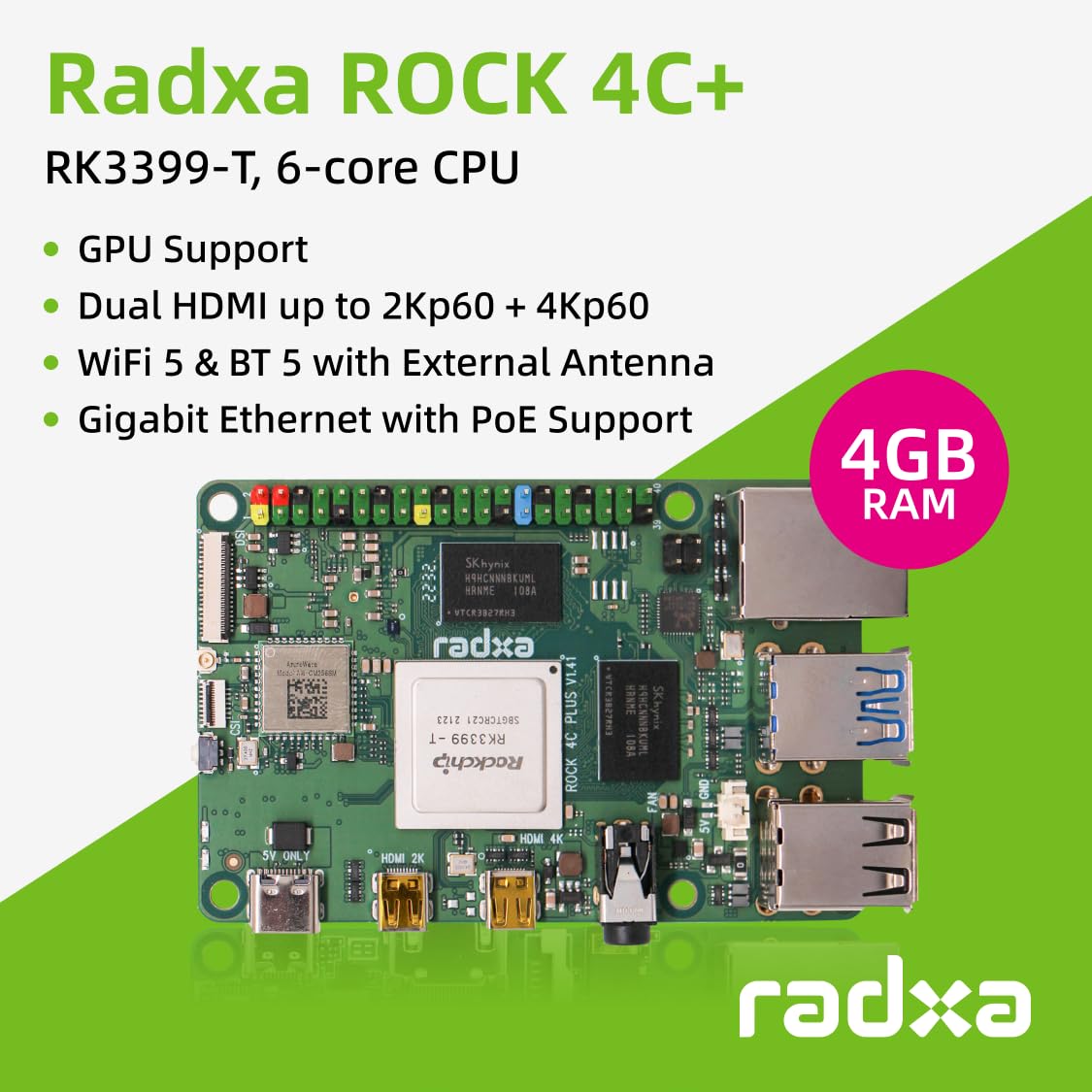 Radxa Rock 4C+ RK3399-T, 6-core CPU SBC, HDMI with 4K Output, WiFi 5 and Gigabit Ethernet, Single Board Computer
