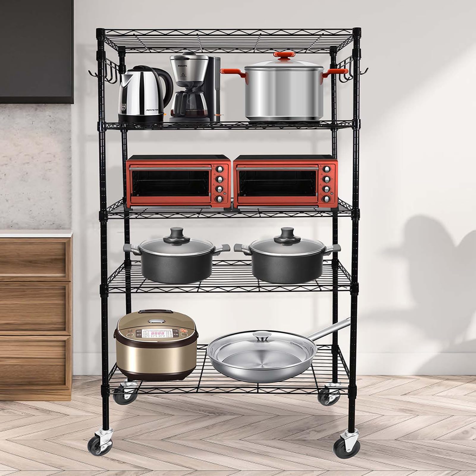 Hlyluoyi 5-Shelf Adjustable, Heavy Duty Storage Shelving Unit on 3'' Wheel Casters, NSF Metal Pantry Shelves, Wire Rack Storage Shelf for Garage Pantry Kitchen, Black, 30" W x 14" D x 63" H