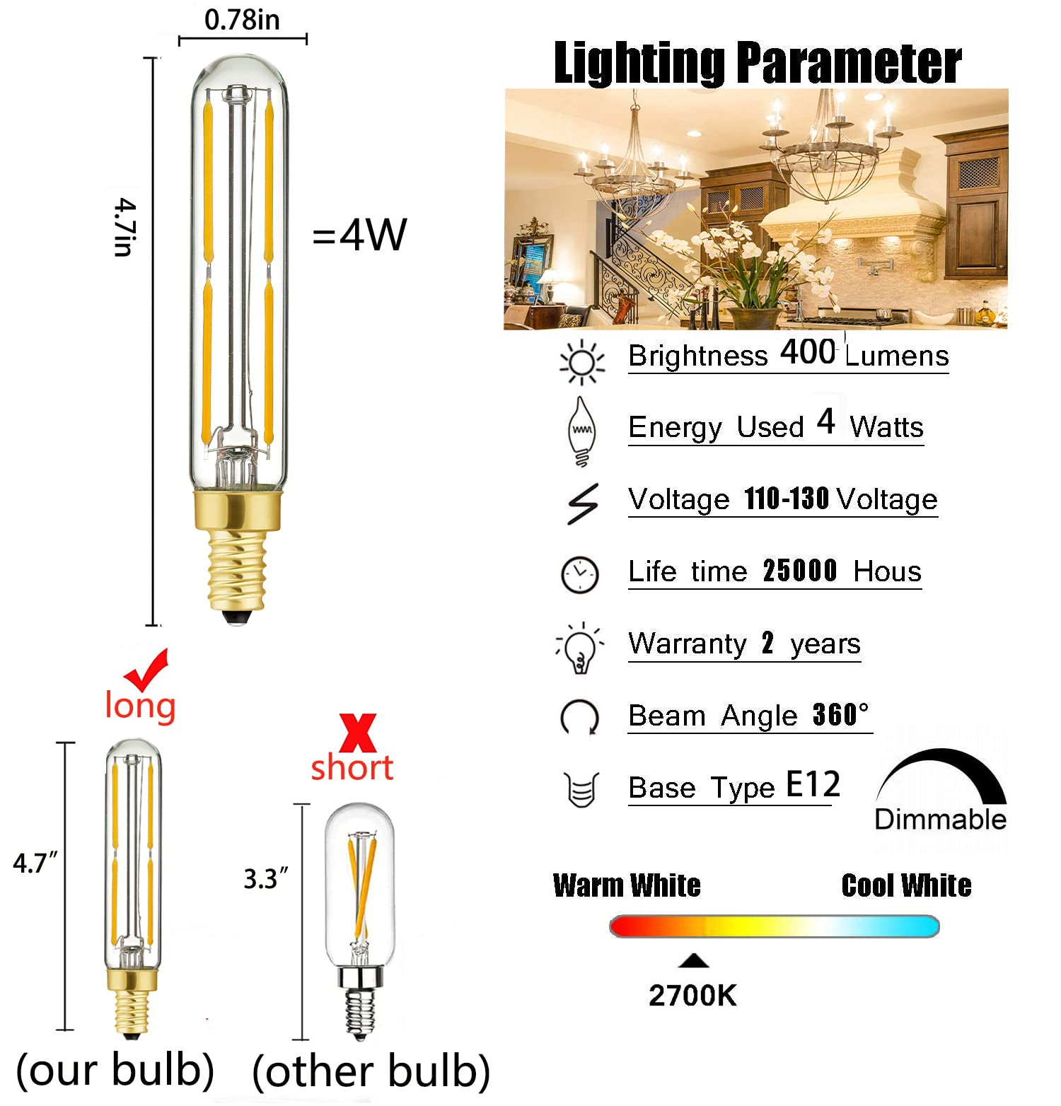 HXMLS E12 ,Dimmable Candelabra Led Light Bulbs 4W Equal 40 watt, Warm White 2700k 400LM, Led Filament Tubular Tube Light Bulbs T6 for Chandeliers,Fixture 6Pack