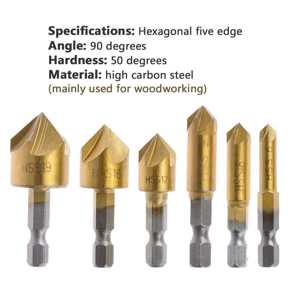 Rocaris 23-Pack Woodworking Chamfer Drilling Tool, 6pcs 1/4" Hex 5 Flute 90 Degree Countersink Drill Bits, 7pcs Three Pointed with L-Wrench, 8PCS Wood Plug Cutter, and Automatic