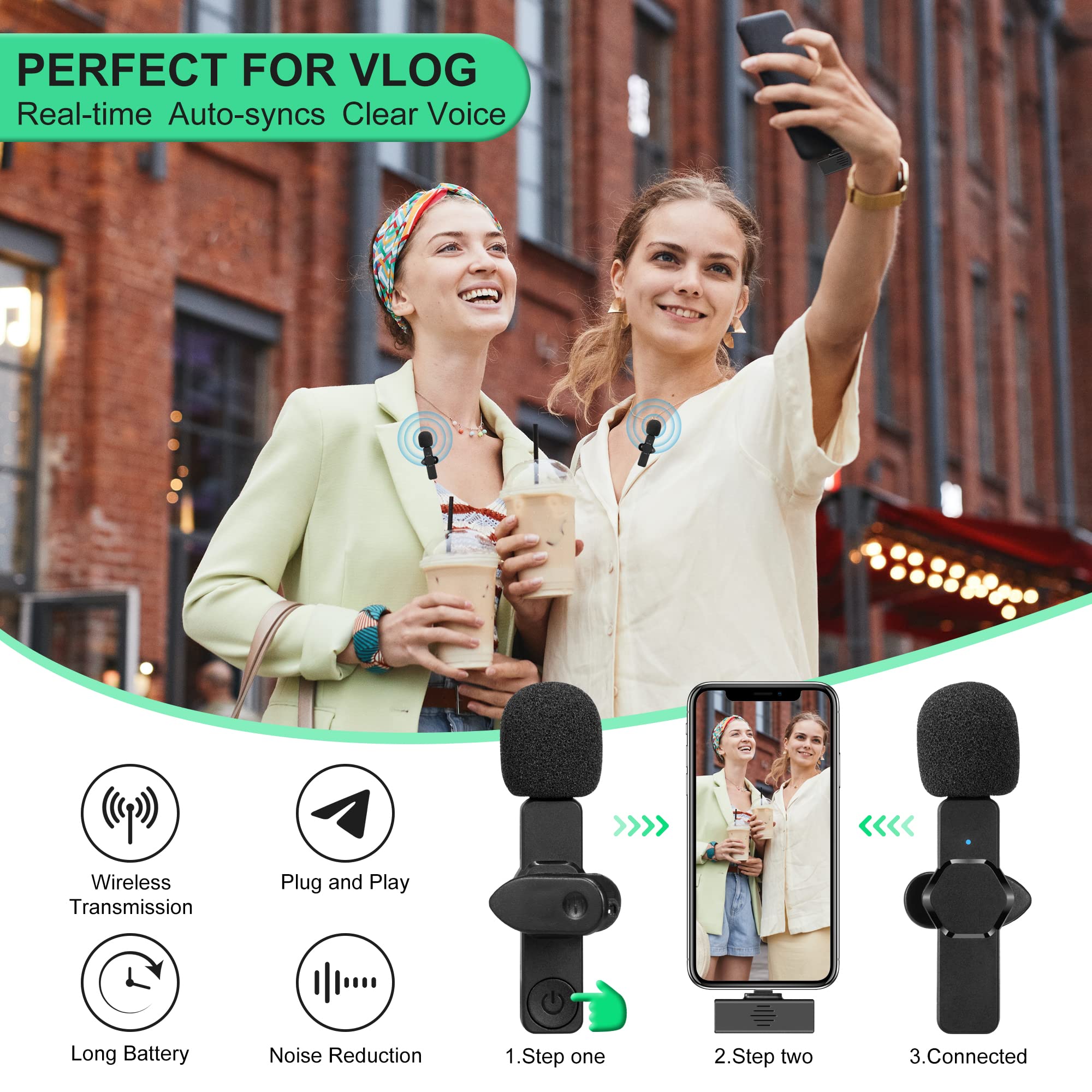 HMKCH 2-in-1 Wireless Lavalier Microphone for iPhone iPad, Plug-Play Wireless Mic for Recording, Live Stream, YouTube, TikTok, Facebook, Vlog, Interview, Noise Reduction Auto-Sync