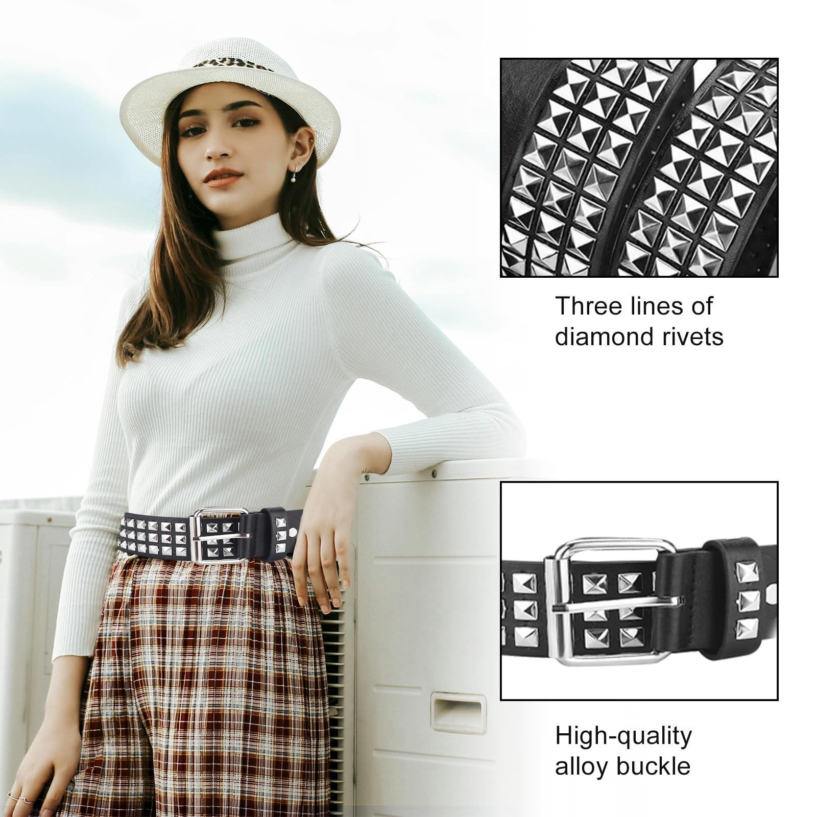 Olutacot 4 Piece Studded Rivet Double Grommet Belt Set - Faux Leather Gothic Goth Black - Punk Style Accessories for Men Women - Ideal Gift