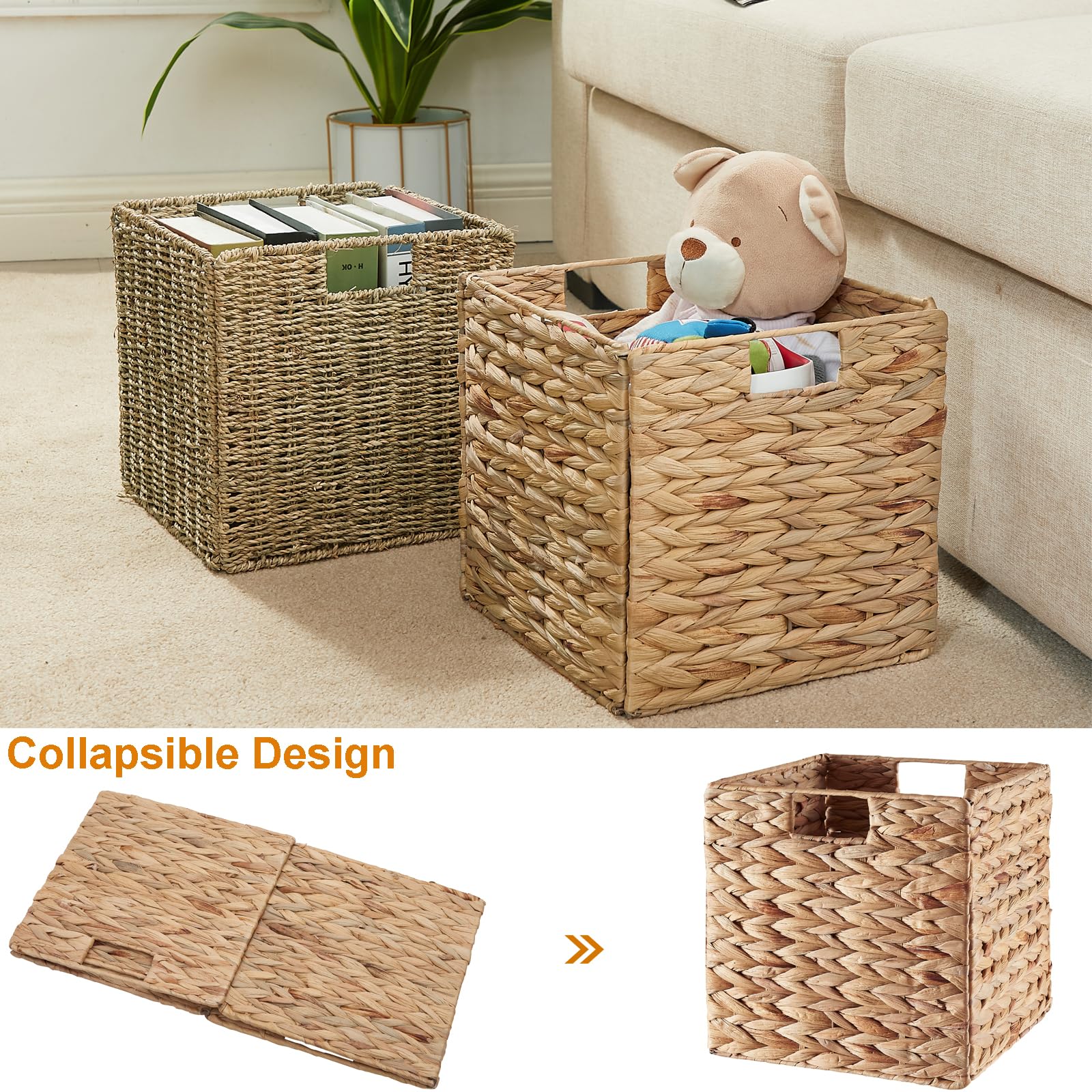Vagusicc Storage Basket, Set of 2 Handwoven Water Hyacinth Storage Baskets, Foldable Wicker Storage Basket 9 Inch Cube Storage Bin for Shelves Laundry Organizer Square Shelf Baskets, 9''x9''x9''