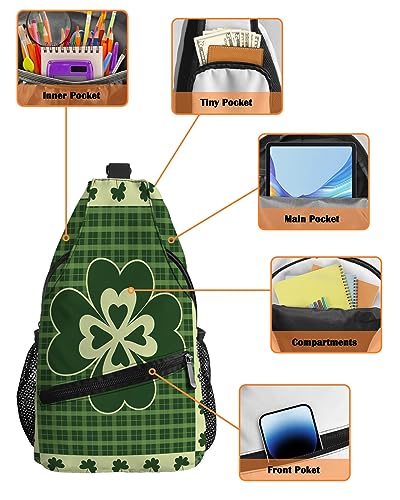 Sling Backpack, St. Patrick's Day Lucky Shamrock Green Check Waterproof Lightweight Small Sling Bag, Travel Chest Bag Crossbody Shoulder Bag Hiking Daypack for Women Men