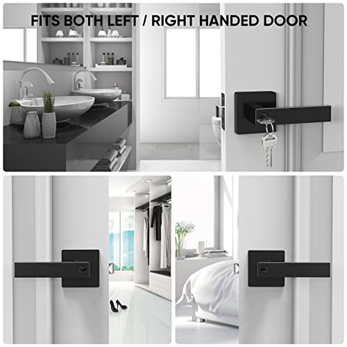 TICONN Door Handle Heavy Duty, Reversible Square Door Lever for Bedroom, Bathroom and Rooms (Black, Keyed Entry - Not Keyed Alike)