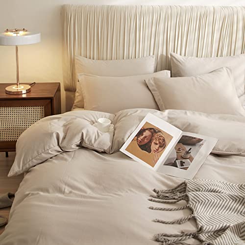 VClife Duvet Cover Washed Microfiber Cream Beige Tan Khaki Quilt Cover Sets Queen Size 3 Pieces Tan Solid Color Bedding Sets (1 Queen Beige Duvet Cover and 2 Pillow Shams)