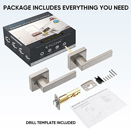 TICONN Door Handle Heavy Duty, Reversible Square Door Lever for Bedroom, Bathroom and Rooms (Satin Nickel, Passage)