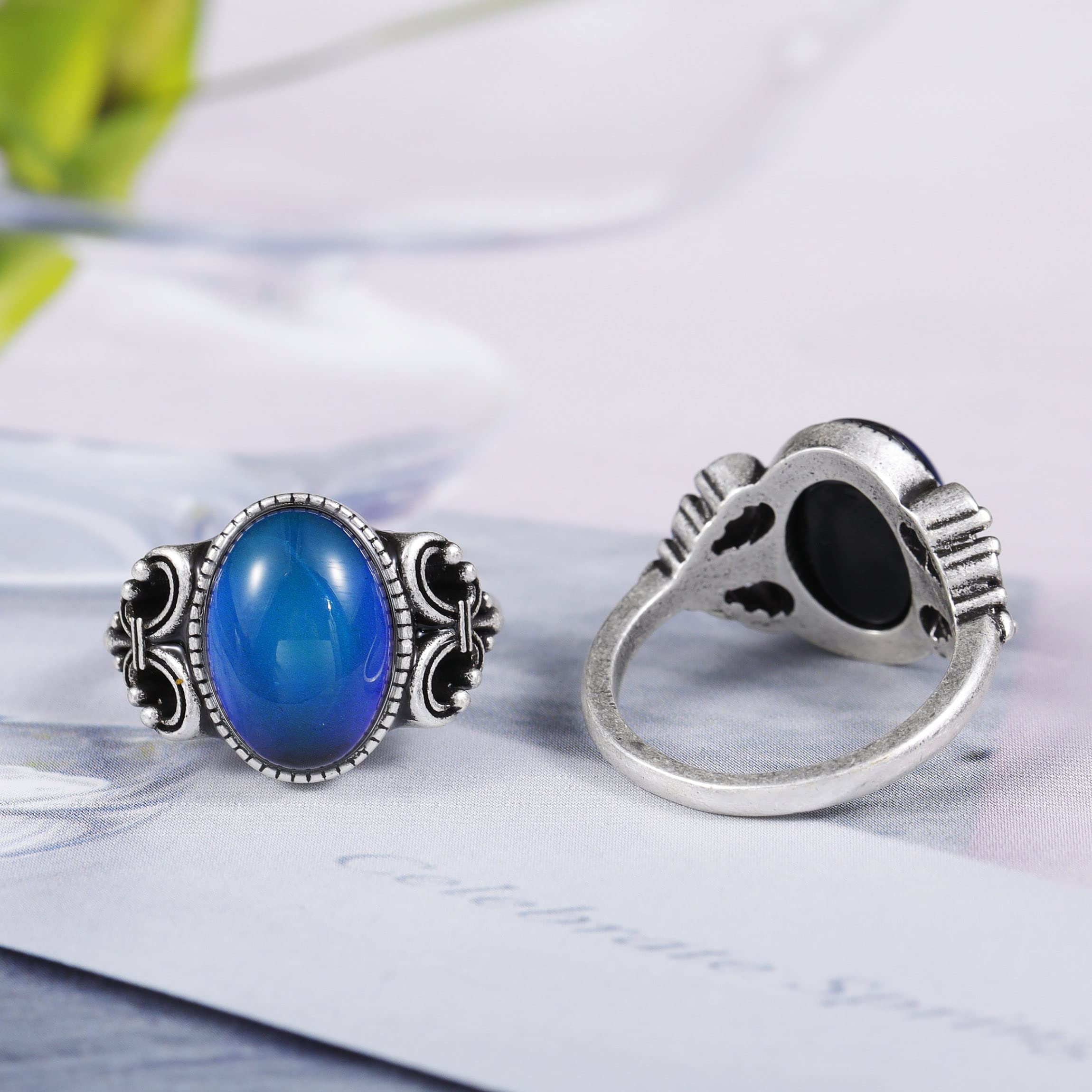 MY MOJOYAS Antique Sterling Silver Plated Mood Ring with Gothic Flower Pattern and Color-Changing Oval Stone (MJ-RSN008) (8)