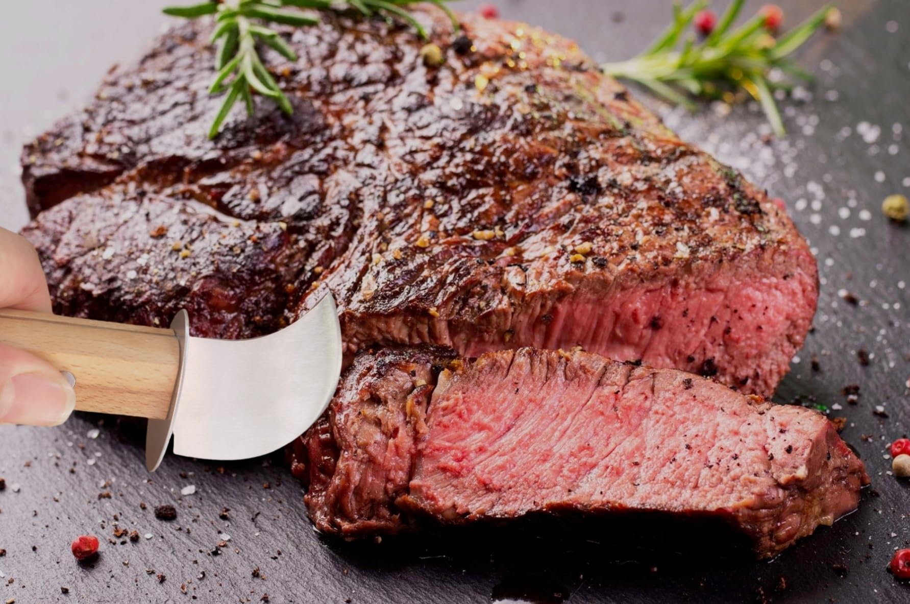 Steak Rocking Knife with Anti-Slip Handle for One-Handed User, Super Sharp Rocker Ulu Knife for Limited Strength Hand Arthritis, Elderly or Pet Owner - Easy Chopping & Slicing for Meat, Veggies