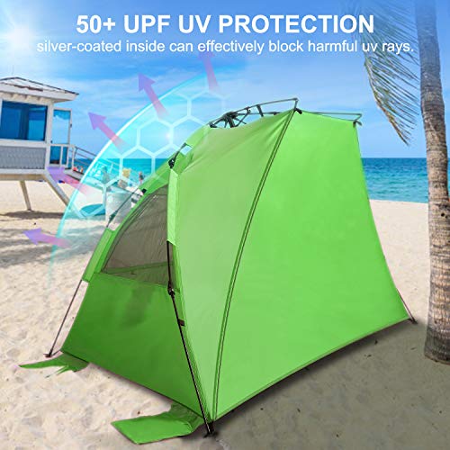 KO-ON Beach Tent Sun Shelter Pop Up XL - Easy Setup Beach Shade for 3-4 Person with UPF 50+ Protection, Extended Floor & 3 Ventilation Windows丨Carrying Bag (Grass Green)