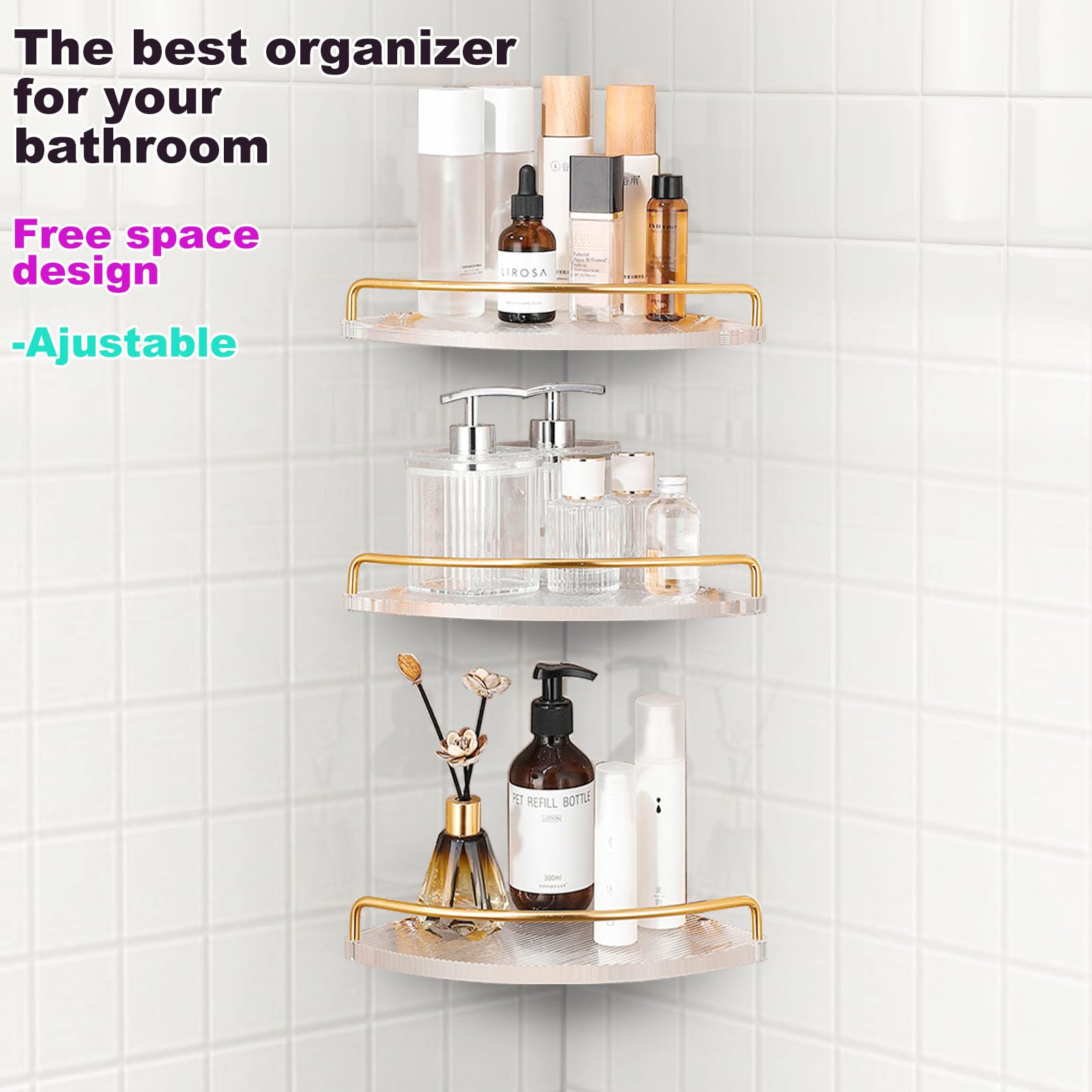 V-HOME Corner Shelf Wall Mount, Set of 3 Floating Corner Shelf Shower Corner for Bathroom Storage 3 Tier Corner Display Rack Shower Caddy (Acrylic Gold)