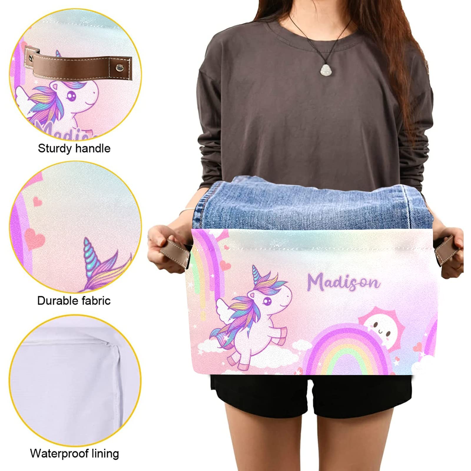 Rainbow Unicorn Personalized Storage Basket,Custom Storage Bins Cubes Organizer with Handle for Bedroom Wardrobe,Nursery,Basket 1 Pack