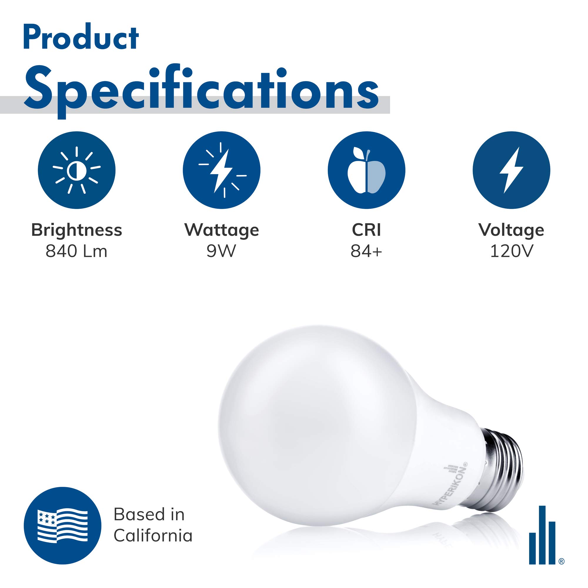 Hyperikon LED Light Bulb A19 9W=60W, Non Dimmable LED Lighting E26 Medium Screw Base, Omnidirectional, UL, Crystal White, 6 Pack