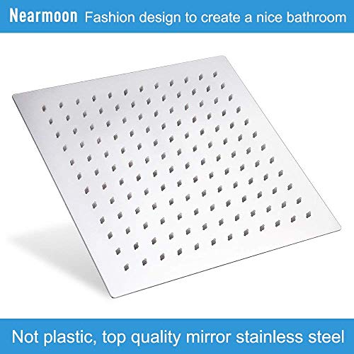 Rain Shower Head With Extension Arm, NearMoon Square Shower Heads, Large Stainless Steel Rainfall Showerhead-Waterfall Full Body Coverage (12 Inch Shower Head With 15 Inch Shower Arm, Chrome)