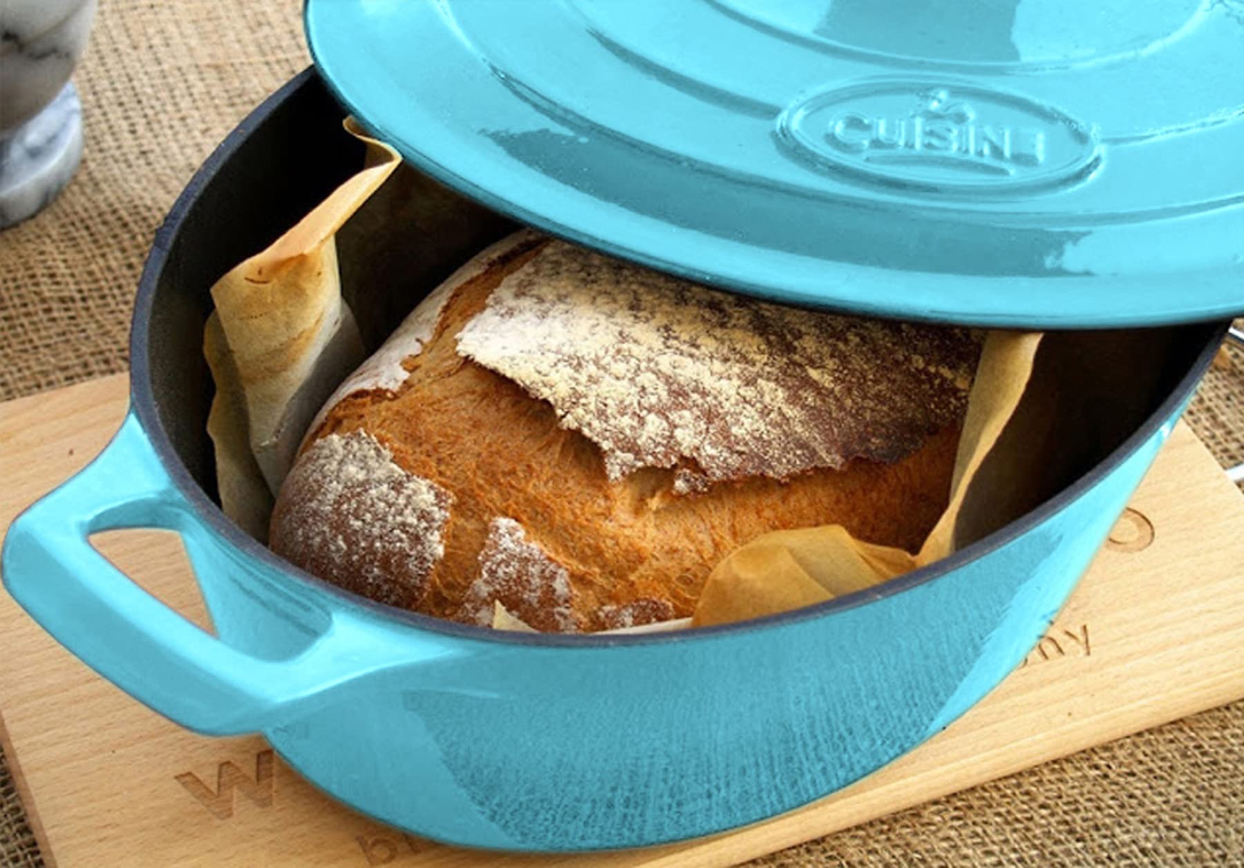 La Cuisine Enameled Cast Iron Oval Dutch Oven Casserole Pot with Lid 5 QT Matte Black Enamel Interior, Teal Porcelain Enamel Coating Finish Exterior