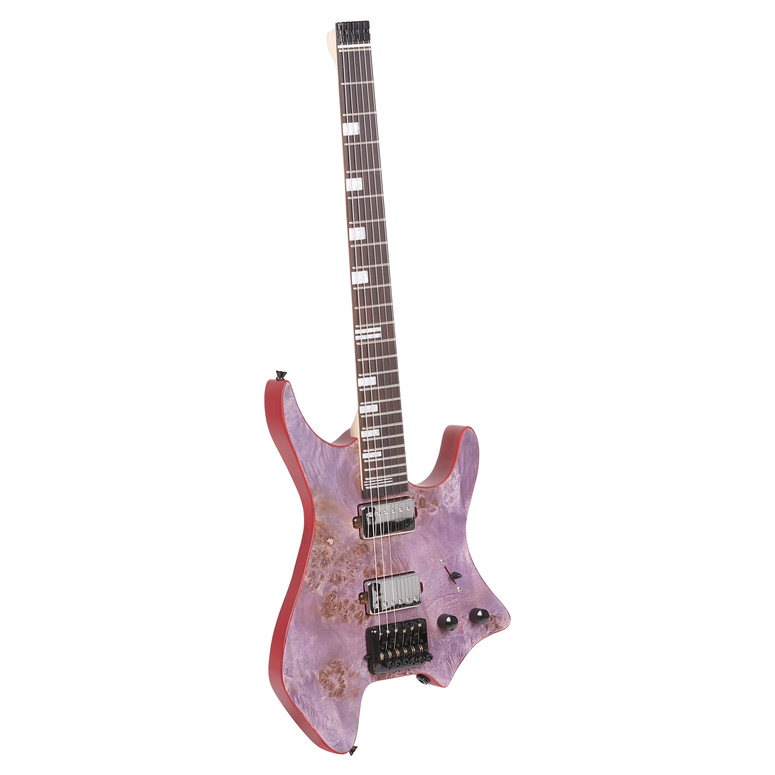 Leo Jaymz 6 Strings Headless Electric Guitar - Full Scale Travel Guitar - Mahogany Body and 5 piece Maple Neck - Burl Veneer,rounded end frets,Customized Pickups (Purple)