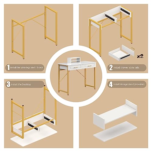 WESTREE Modern Makeup Vanity Desk with Glossy Desktop,Bedroom Home Office Writing Desk with Drawers, Storage Shelf, Gold Metal Frame for Dressing Table Without Mirror