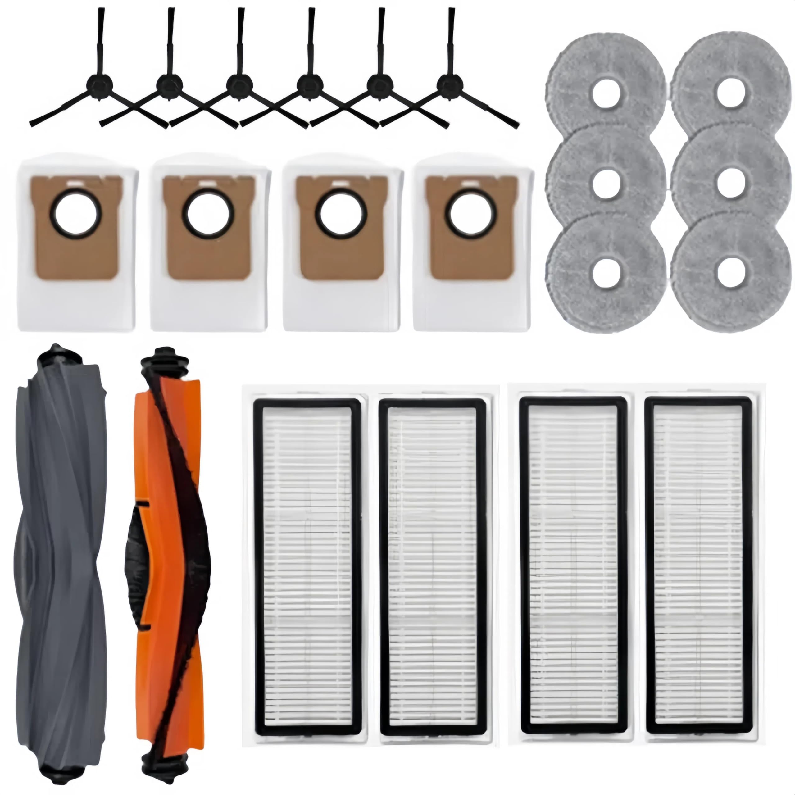 Replacement Parts Compatible with Dreame L10s Ultra,L20 Ultra,L40 Ultra,X30 Ultra Robot Vacuum Cleaner, 1 Roller Brush, 1 Bristle Brush, 6 Side Brushes, 4 Filter cartridges, 4 Bags, 6 Mopping Cloths