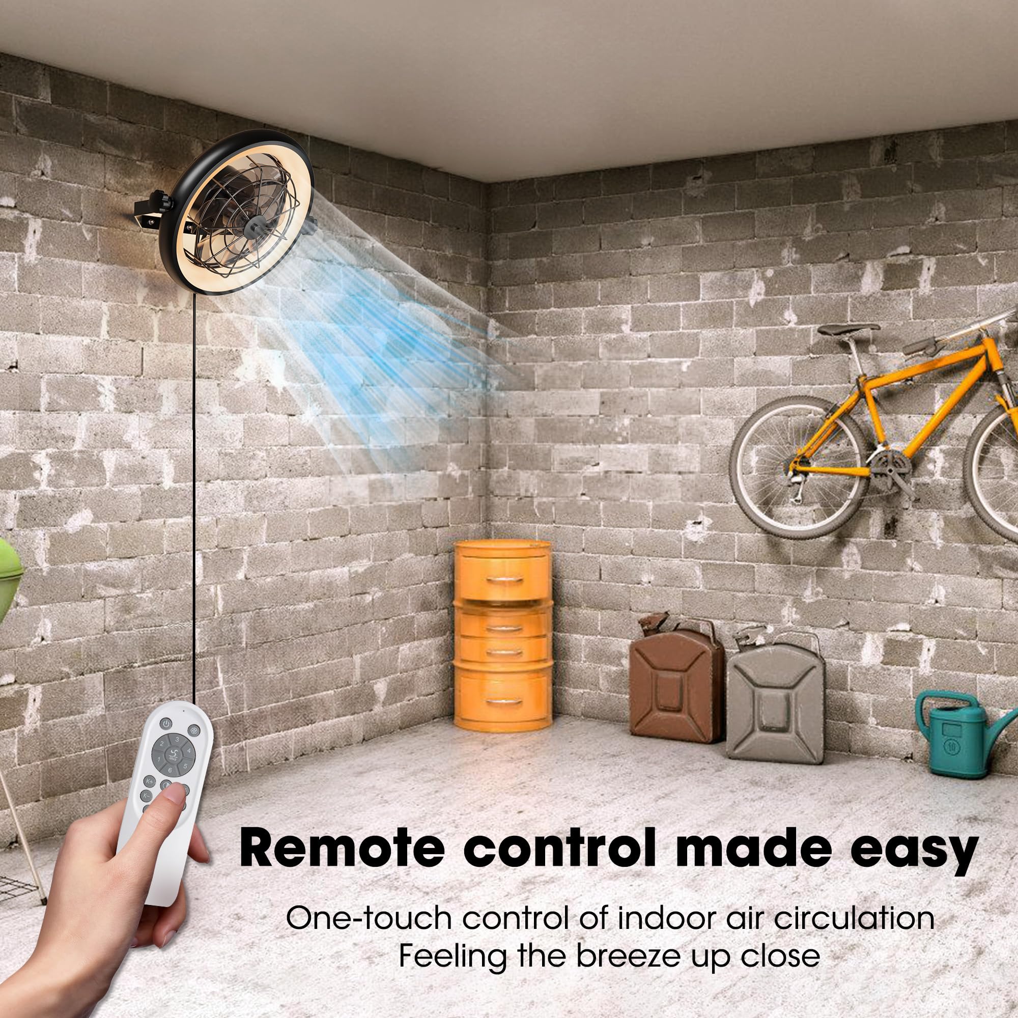 Wall Mount Fan 16" Wall Ceiling Fan with Lights and Remote, 6-Speed, LED Light, Timer, Industrial Wall Mounted Fan for Bedroom, Tool Room, Garage, Warehouse, Workshop, Covered Patios